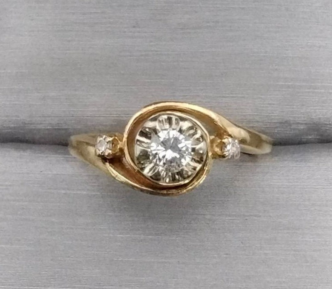 Unique Round Diamond Engagement Ring 14k Yellow Gold Size 7 - Etsy