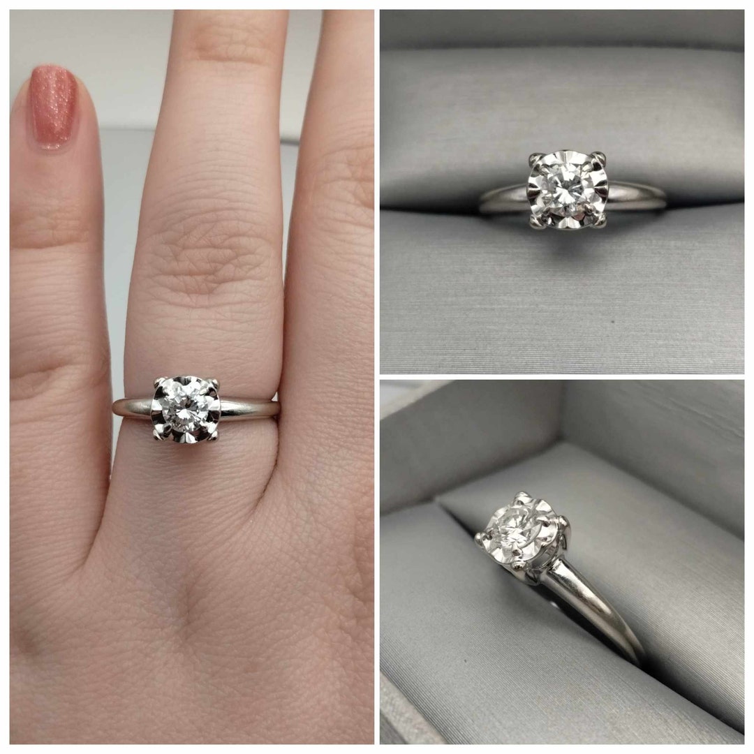 Vintage Round Natural Diamond Illusion Setting Ring 14k White Gold Size ...