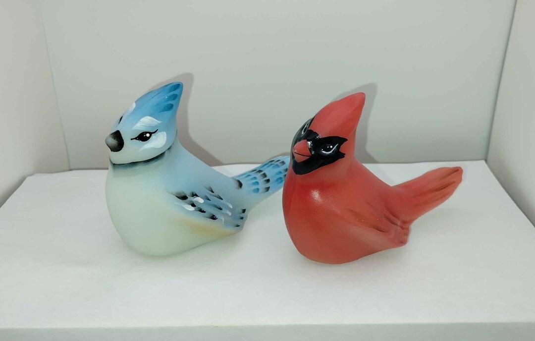 Fenton Art Glass Blue Jay and Cardinal Bird Figurines - Etsy