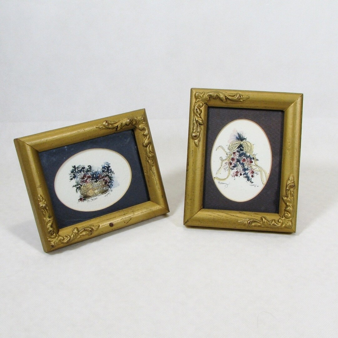 Vintage Chaton Watercolor Prints Framed 90s Signed Floral Oval 5.5 ...