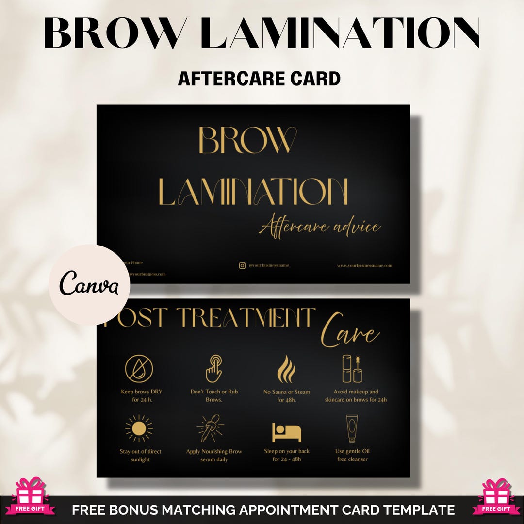 Brow Lamination Aftercare Card , Black & Gold Editable Canva Template ...