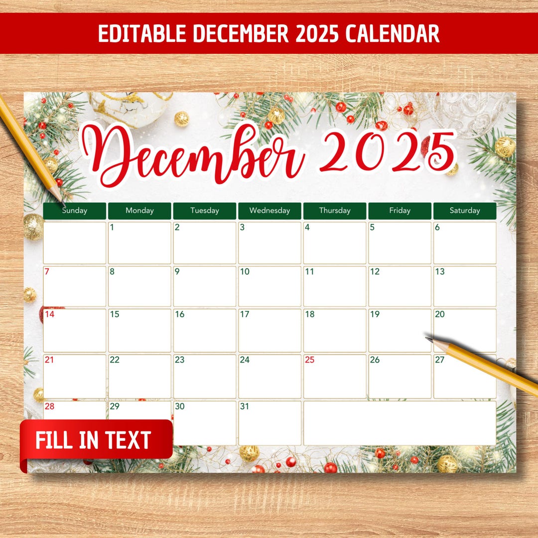 Editable December 2025 Calendar, Printable Christmas Planner, Monthly ...