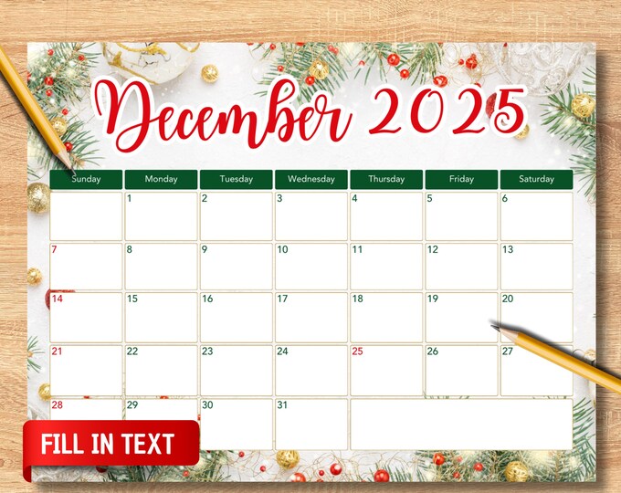 December 2025 Printable Calendar, Christmas Themed Monthly Planner ...