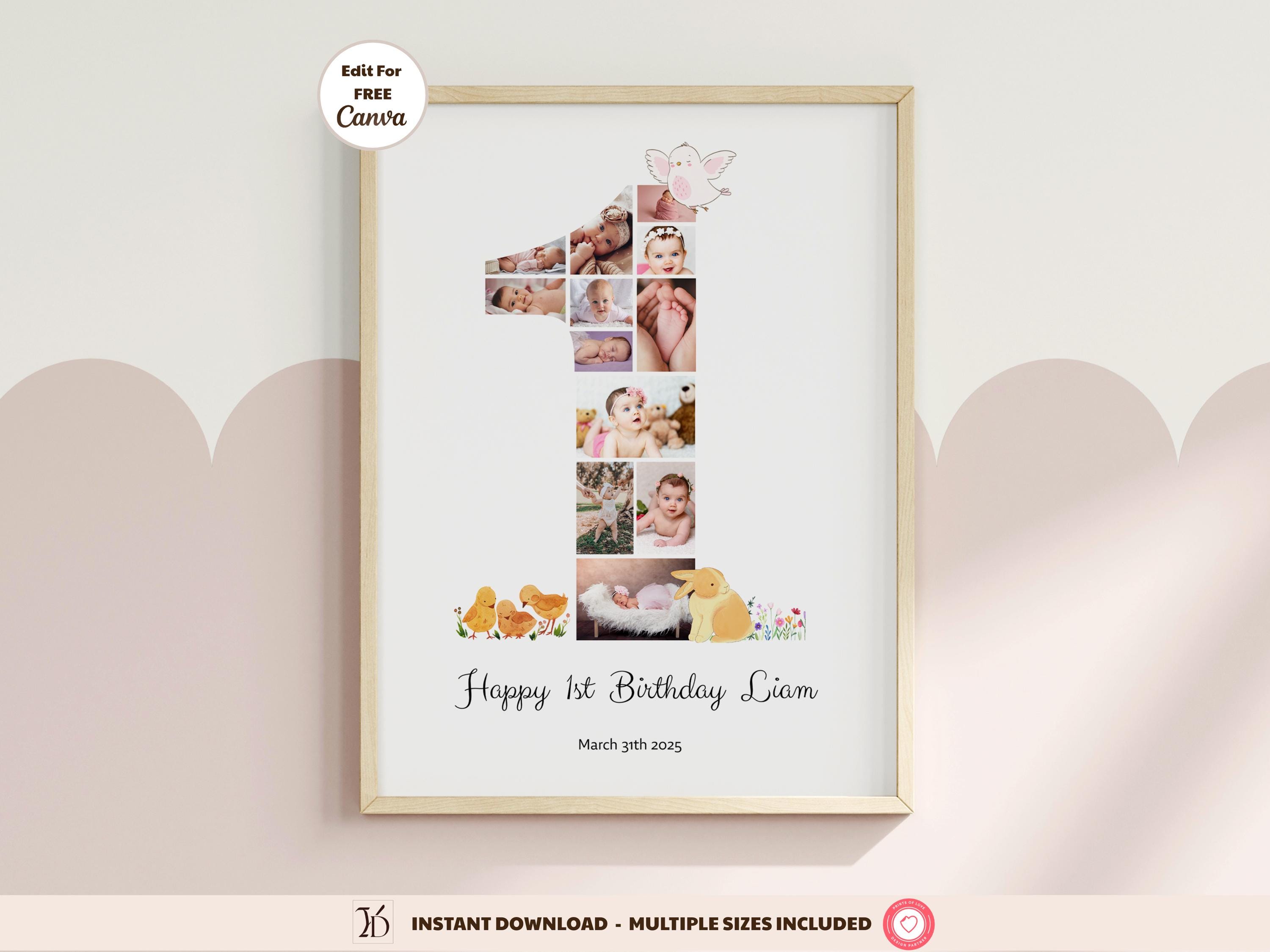 1st Birthday Photo Collage Template , Editable Number 1 Poster , First ...