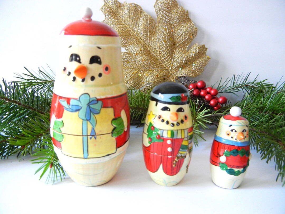Vintage Christmas Wooden Nesting Dolls--three Snowmen With Carrot Noses ...