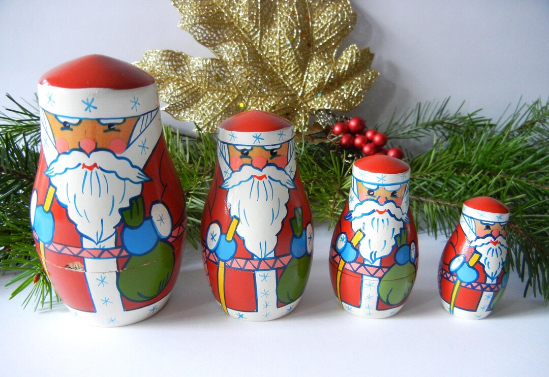 Vintage Christmas Wooden Nesting Dollsfour Santas With Sacks of ...