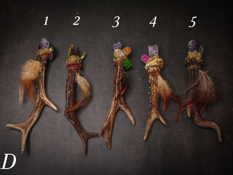Magic Witch Wands From Real Deer Antlers With Crystal, Feathers, Moss ...