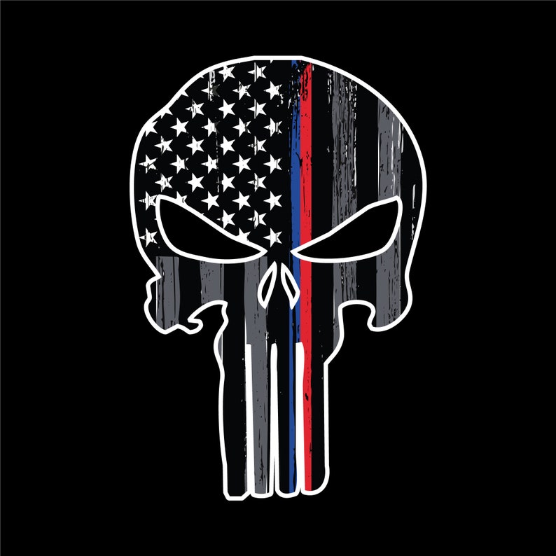 Thin RED and Blue Line Police and Firefighter Punisher Skull - Etsy