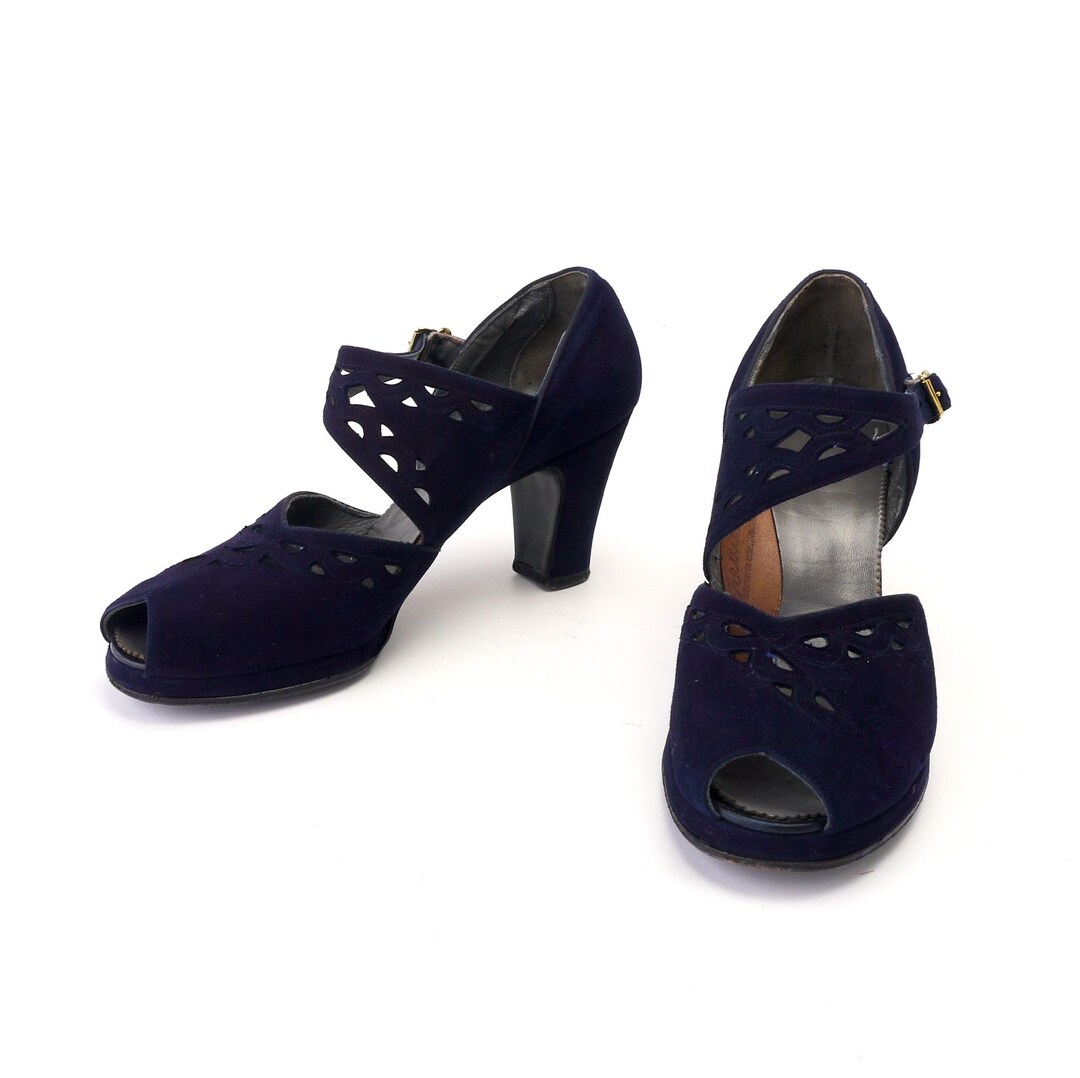1940s Navy Suede Peep Toe With Fancy Strap UK 5 - Etsy