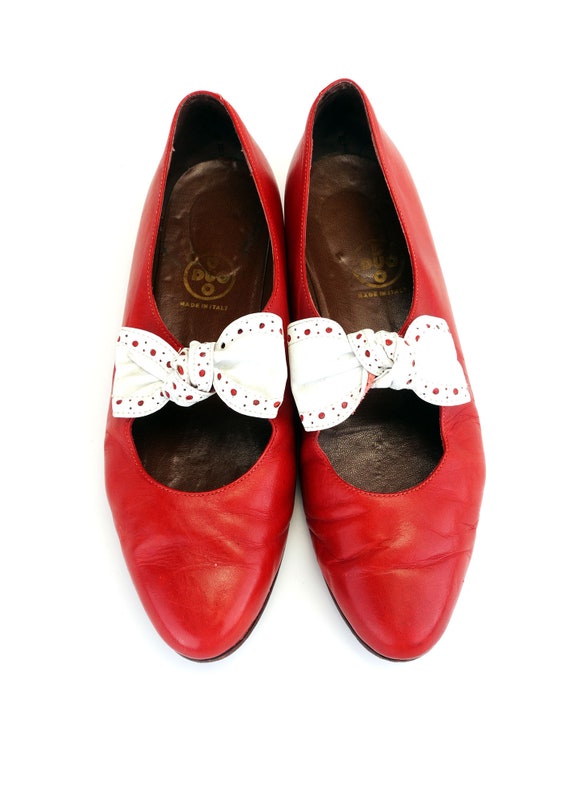 1980s Flat Red Pumps with White Leather Bow by Duo UK… - Gem