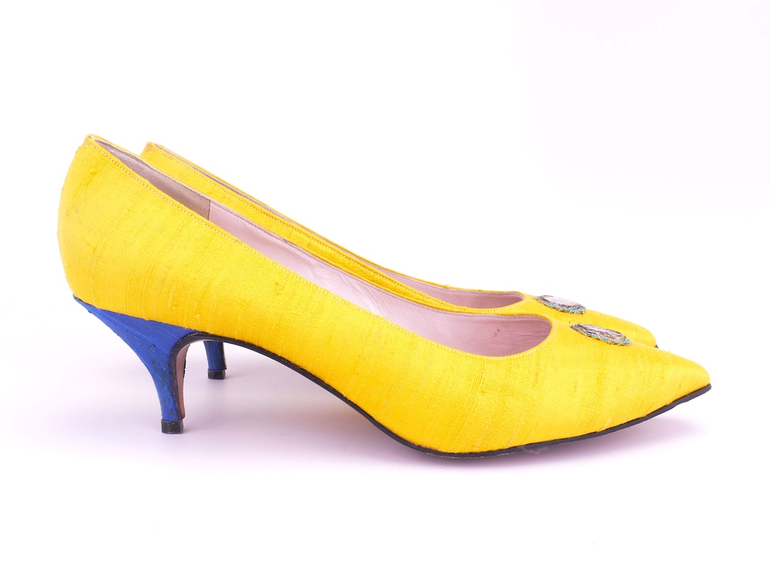 1980s Johnny Moke Yellow & Blue Indian Silk Pumps UK 7 - Etsy