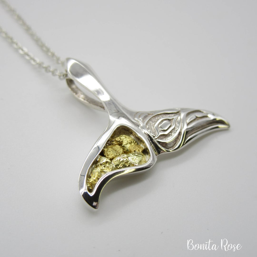 Native Whale Tail With Gold Nuggets Pendant, Native Raven Whale Tail ...