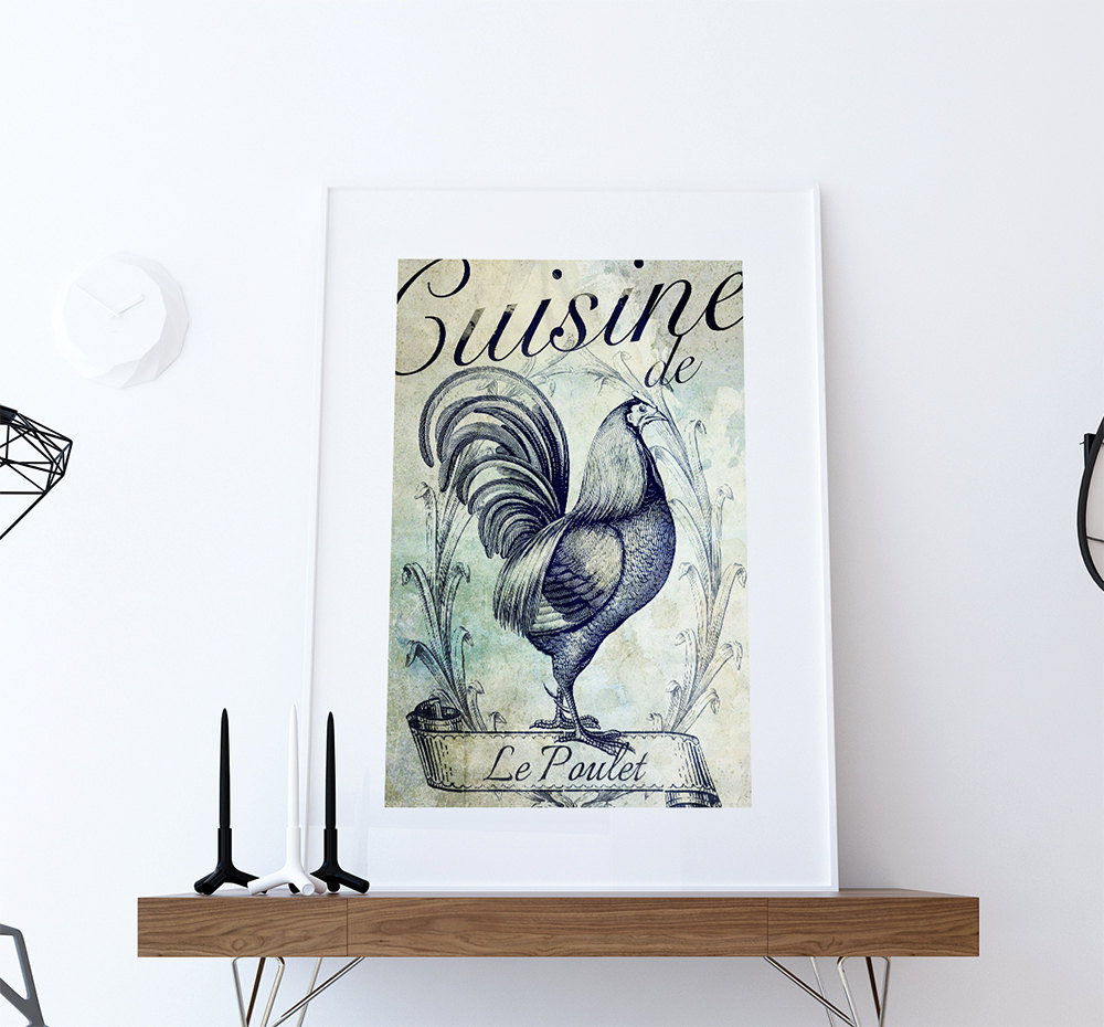 French Kitchen Decor Rooster Art Rustic Farmhouse Giclee Print | Etsy