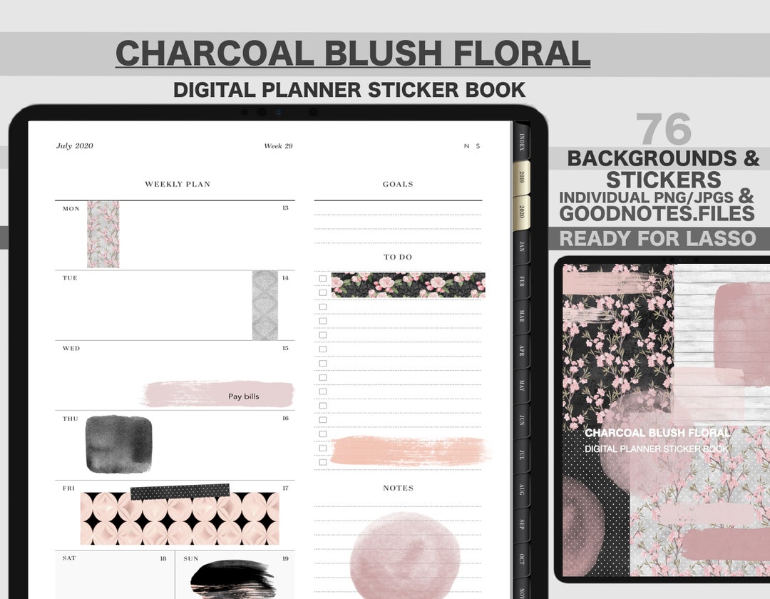 Charcoal Blush Floral Goodnotes Digital Planner Sticker Book - Digital ...