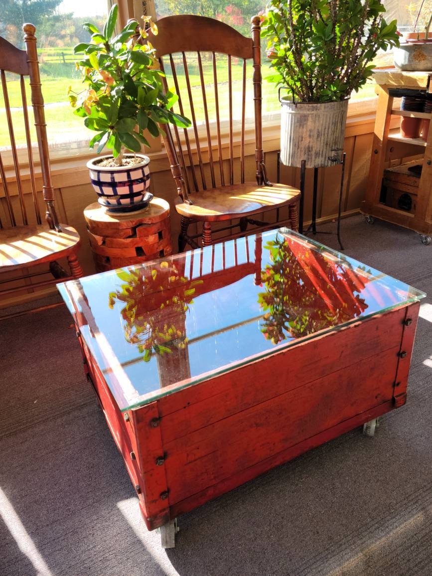 Rustic Factory Cart/ Coffee Table With Glass Top - Etsy