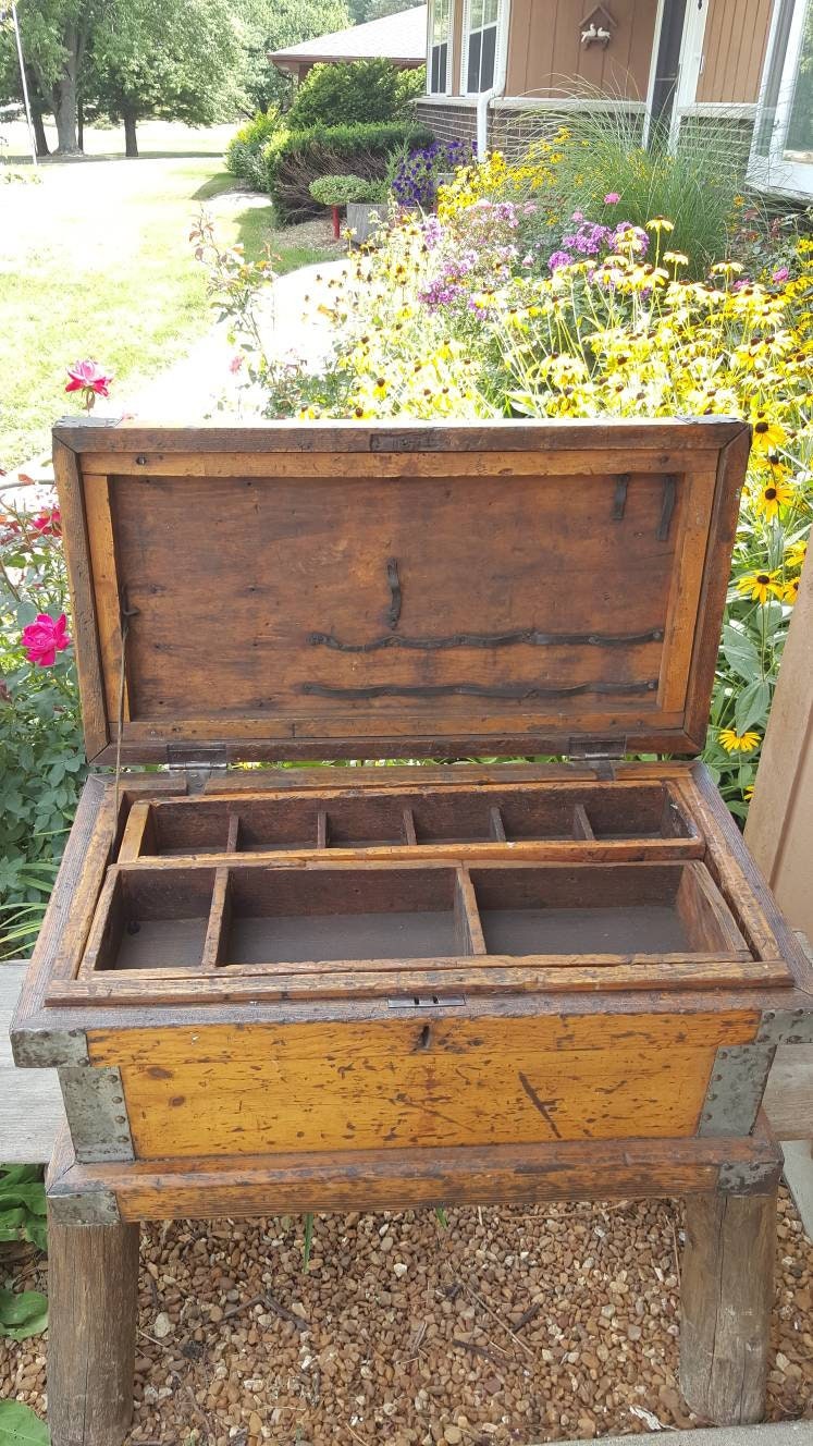 Rustic Antique Tool Box With Metal Strip and Leathers Tools | Etsy