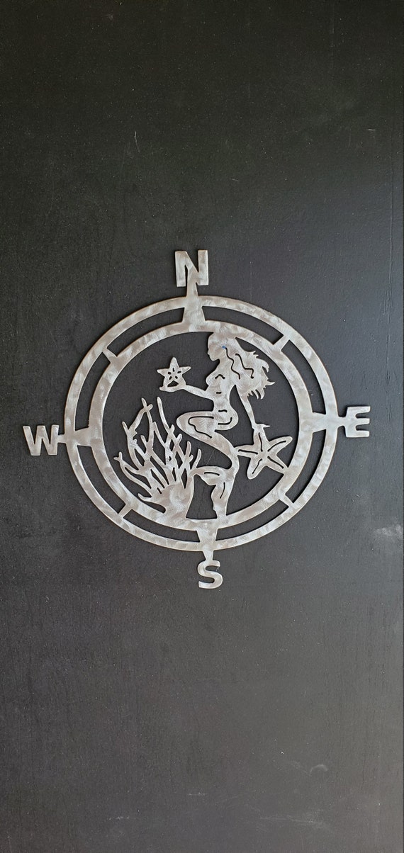 Compass Rose With Mermaid Holding Starfish With Starfish & - Etsy