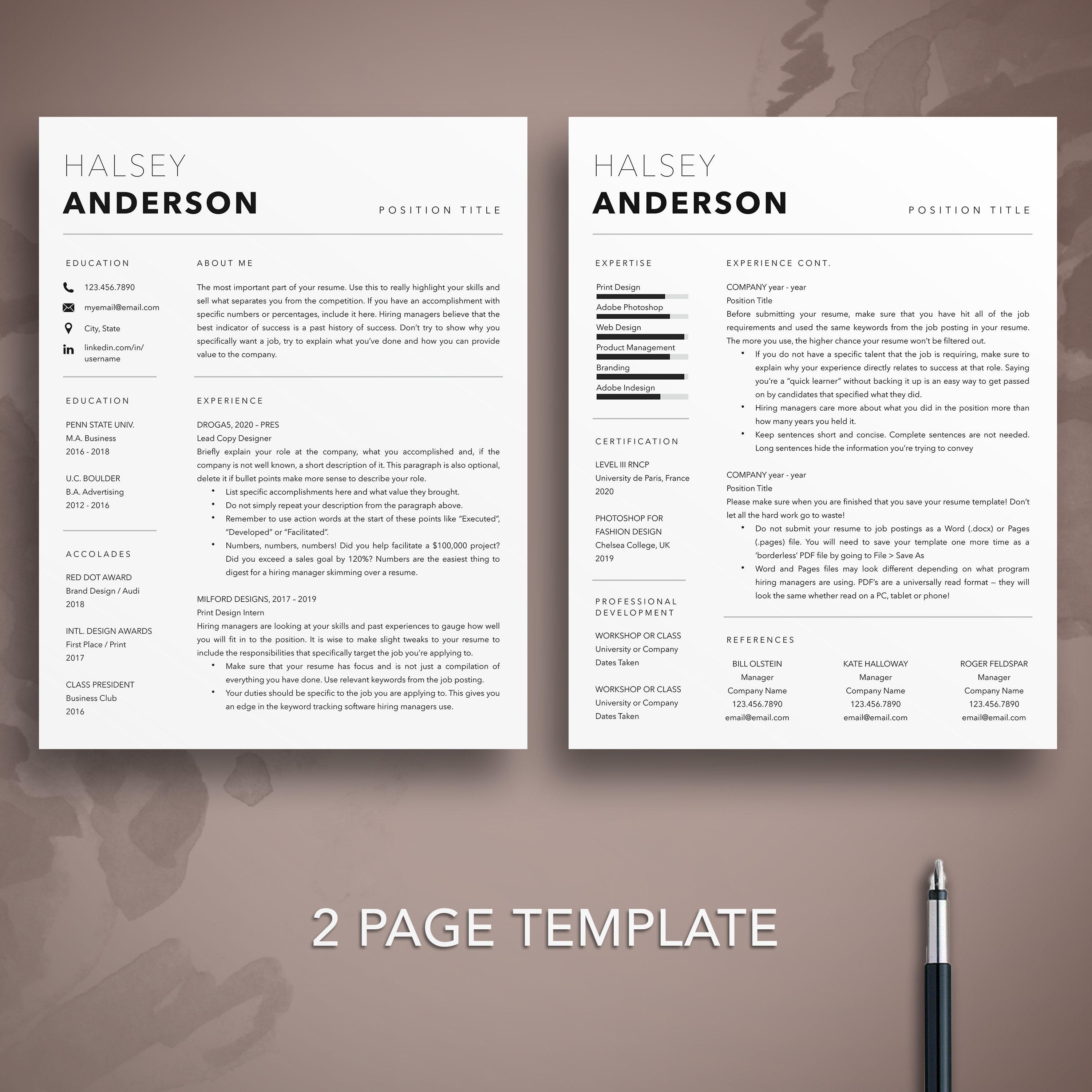 Professional Resume Template + Cover Letter Template, References, MS ...