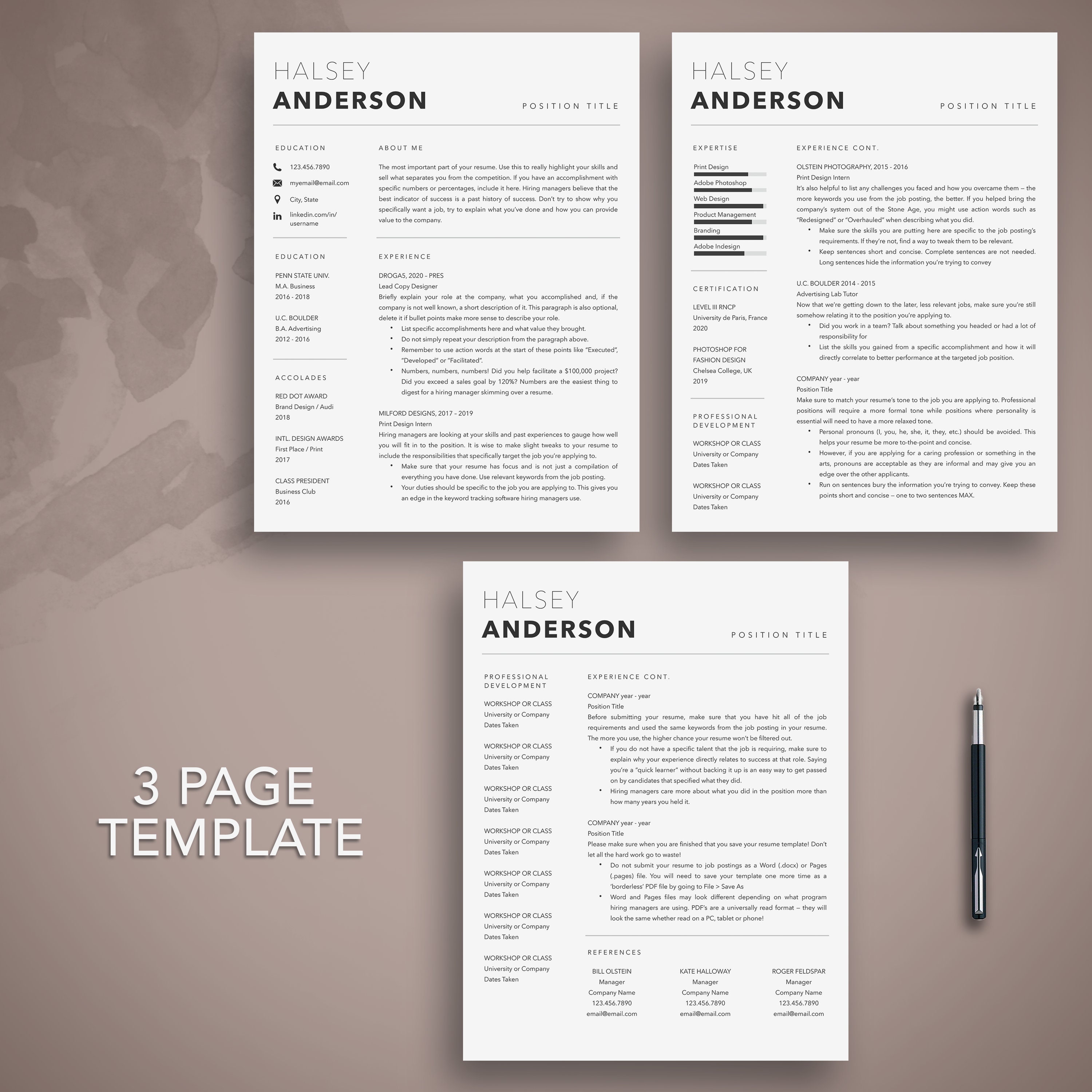 Professional Resume Template + Cover Letter Template, References, MS ...