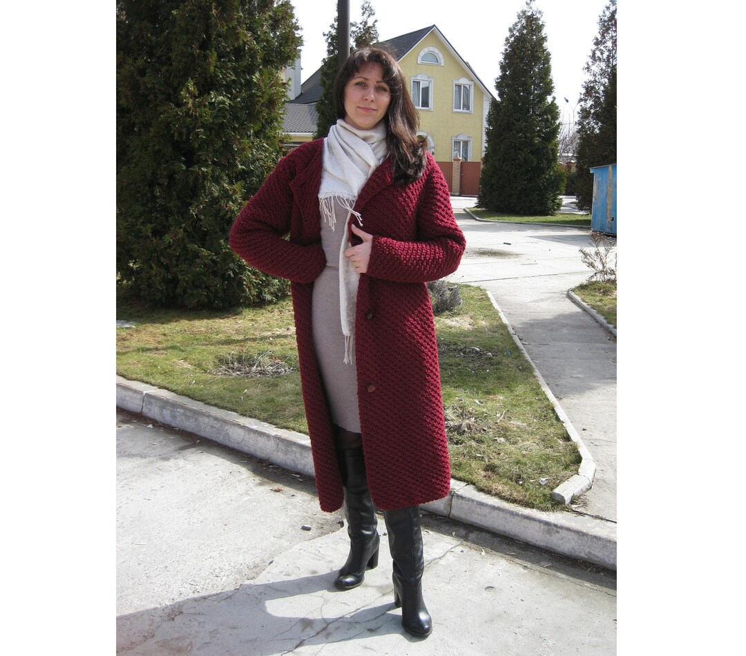 Long Cable Knit Cardigan Red Wine, Wool Coat, Warm Coatigan Burgundy ...