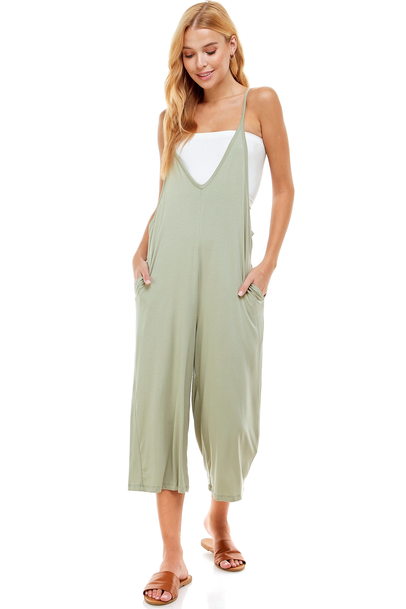 Women's Solid Spaghetti Strap V Neck Loose Fit Capri - Etsy