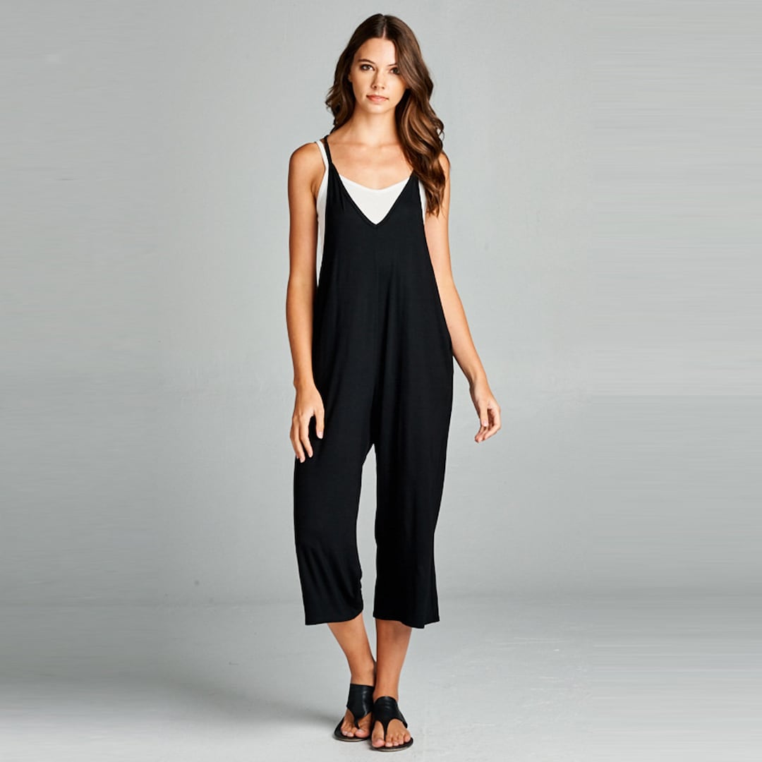Women's Solid Spaghetti Strap V Neck Loose Fit Capri Length Jumpsuit - Etsy