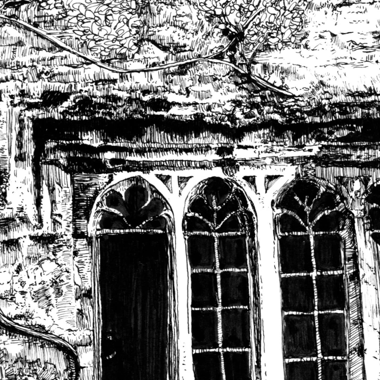 Gothic Windows Pen and Ink Drawing - Illustration, Gift for Him, Gift ...