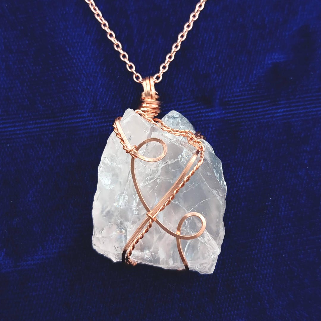 Chunky Raw Rose Quartz Swirl Pendant Necklace Copper Wire Wrapped Pink ...