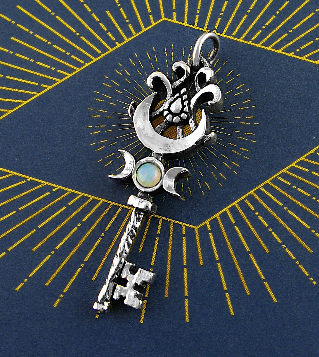 Fancy Old-fashioned Key Pendant With Triple Moon, Crescent & Opal ...