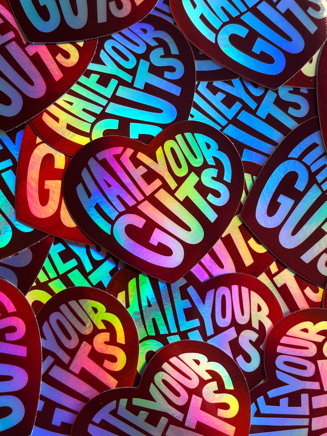 Hate Your Guts Holographic Sticker Shiny Red Heart Rainbow Laptop and ...