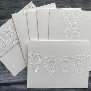 Hanging Mittens Card Sets, Christmas Cards, Embossed Note Cards, Winter ...
