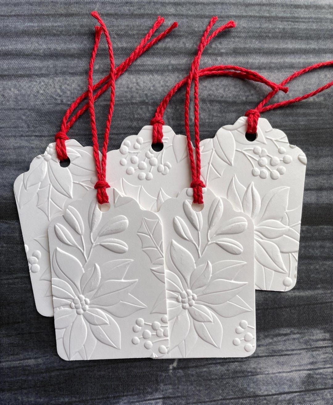 Poinsettia Gift Tags, White Embossed Tag, Holiday Tags, Winter ...