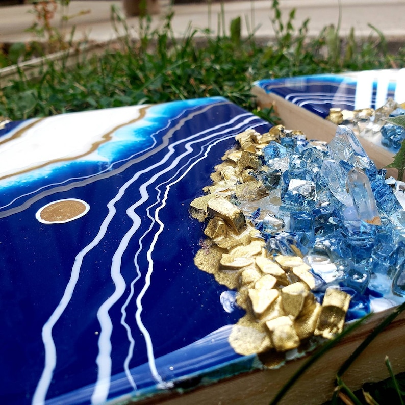 Azurite - 8x8 Royal Blue Resin Geode Art With Clear Quartz & Fire Glass ...
