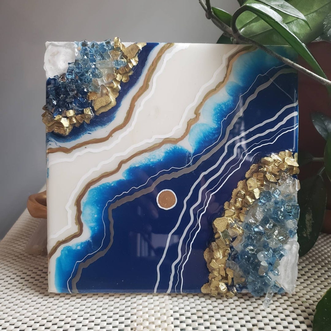 Azurite - 8x8 Royal Blue Resin Geode Art With Clear Quartz & Fire Glass ...