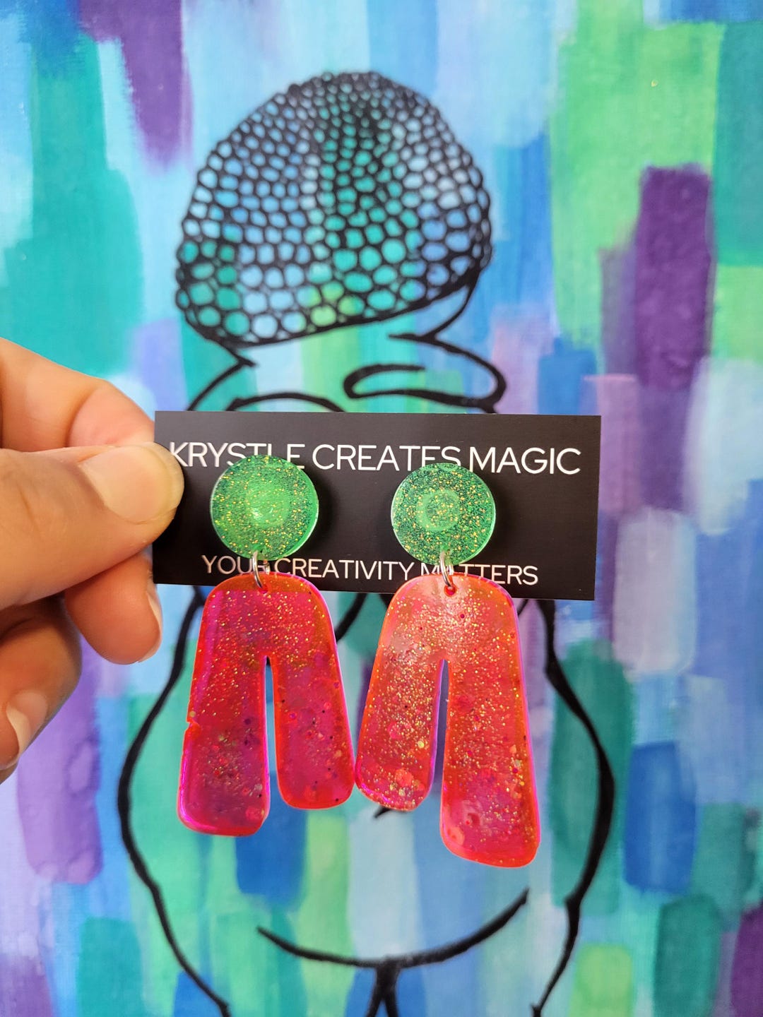 Glitter Resin Statement Earrings | Hot Pink and Green Glitter ...