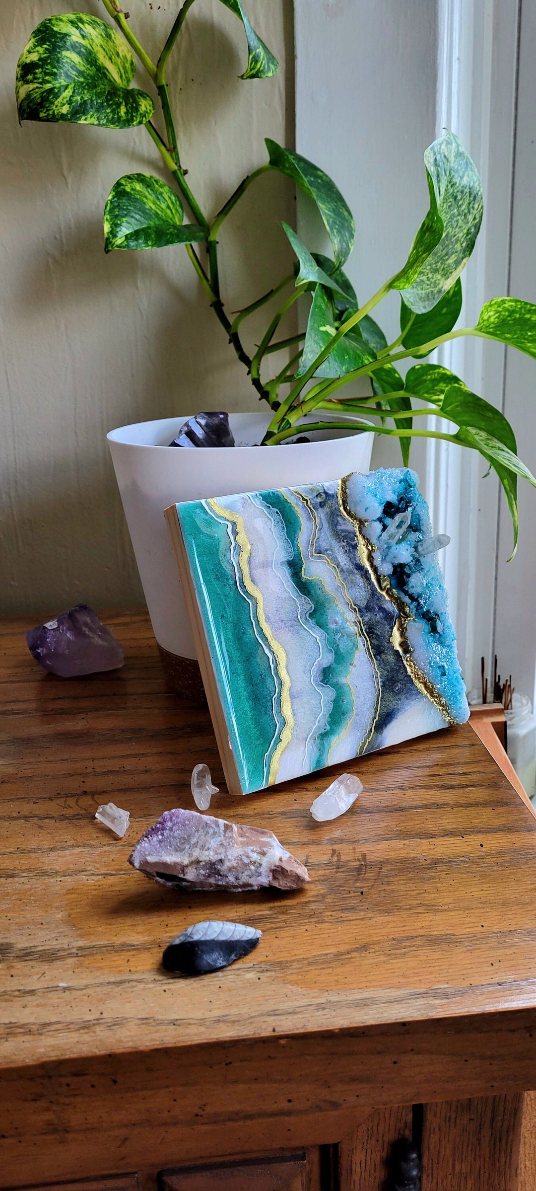 Emerald Geode Resin Art 6x6 Birch Panel With Real Clear Quartz Crystals ...