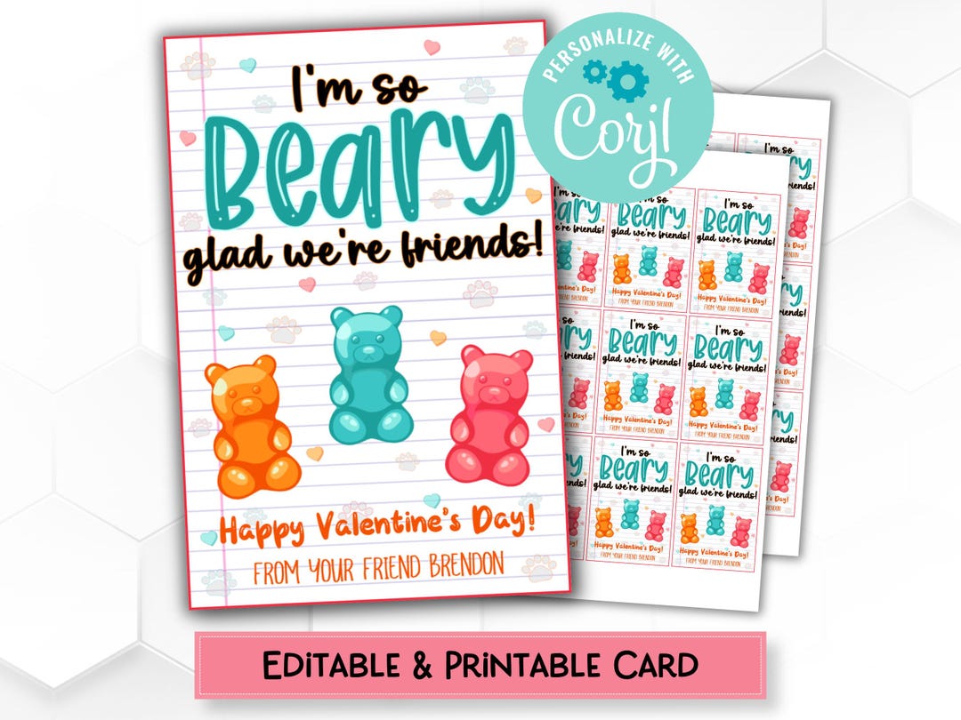 Editable and Printable Beary Glad We're Friends Valentine's Day Card ...