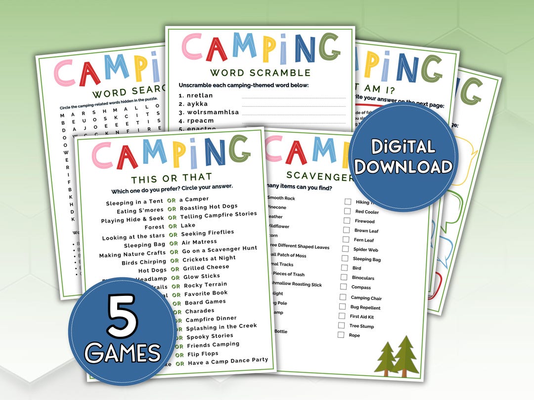 Camping Games Bundle - 5 Camping-themed Games for Camping Trip ...