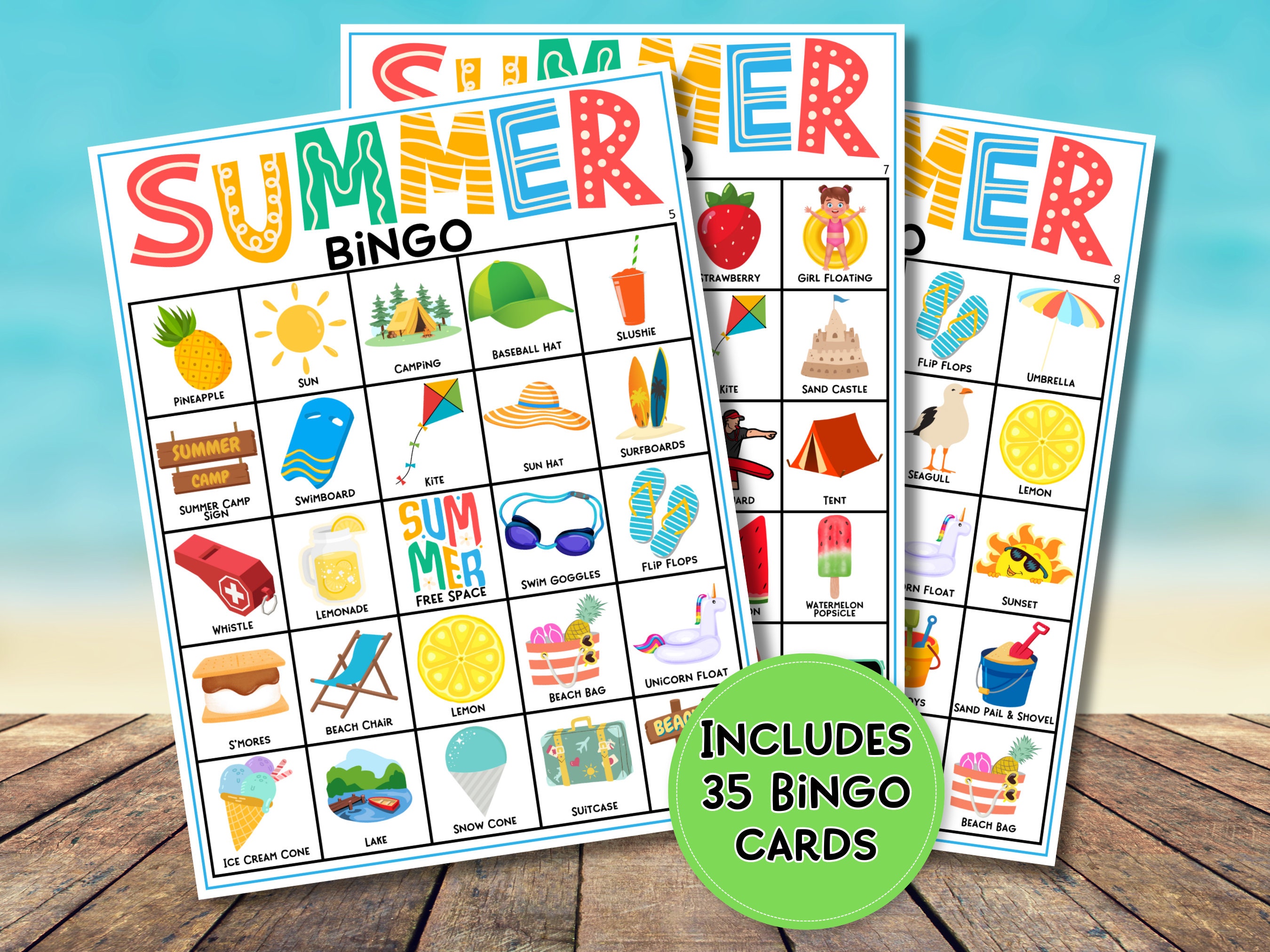 Colorful Summer Bingo Game - 35 Beachy Cards for Last Day of School Fun ...