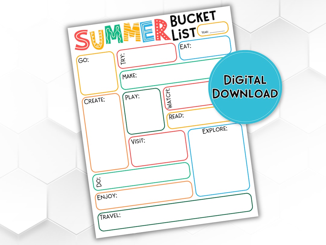 Colorful Summer Bucket List Printable - Summer Activities List - Summer ...