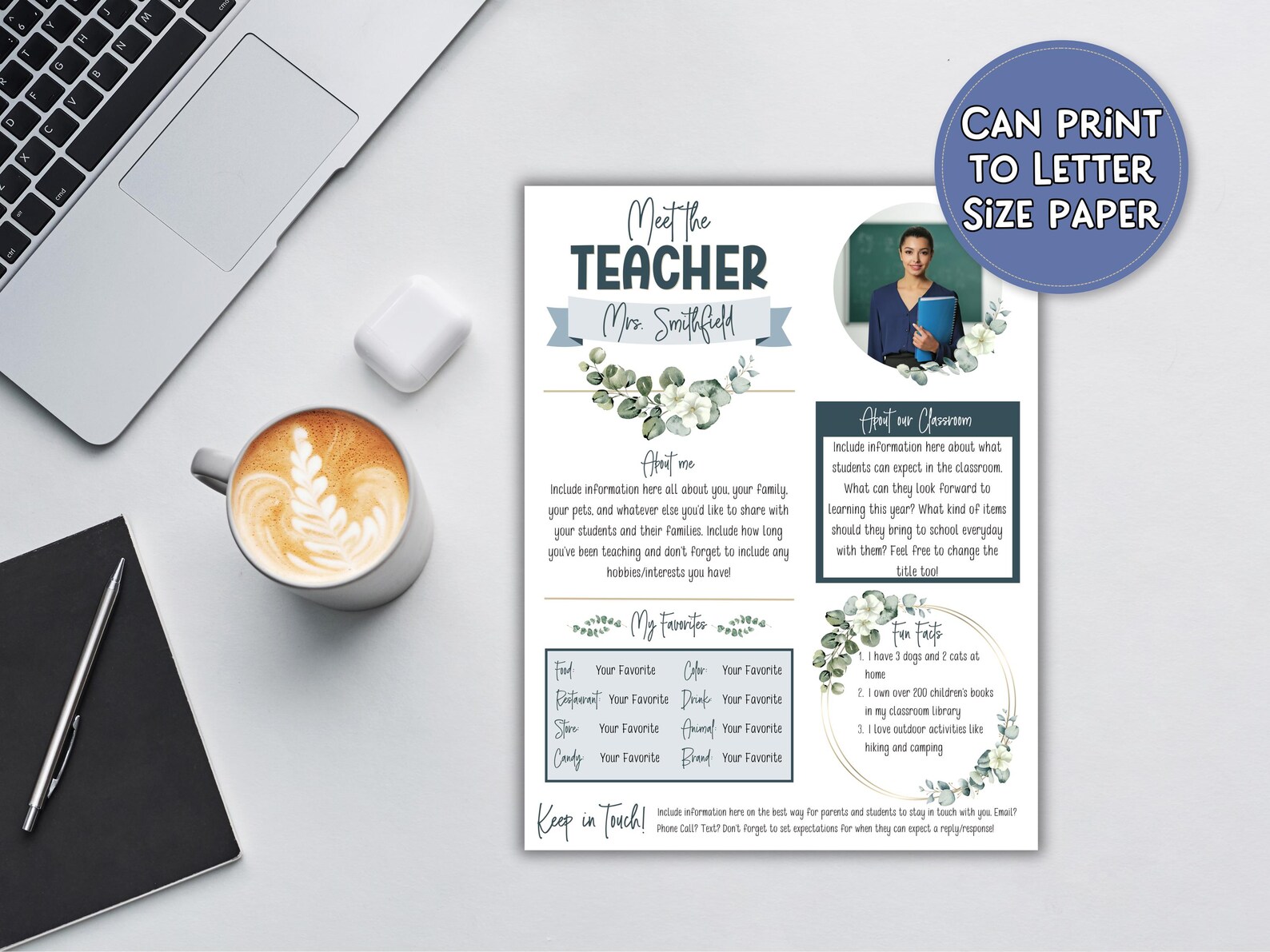 Editable Floral Teacher Introduction Letter - Canva Template (digital ...