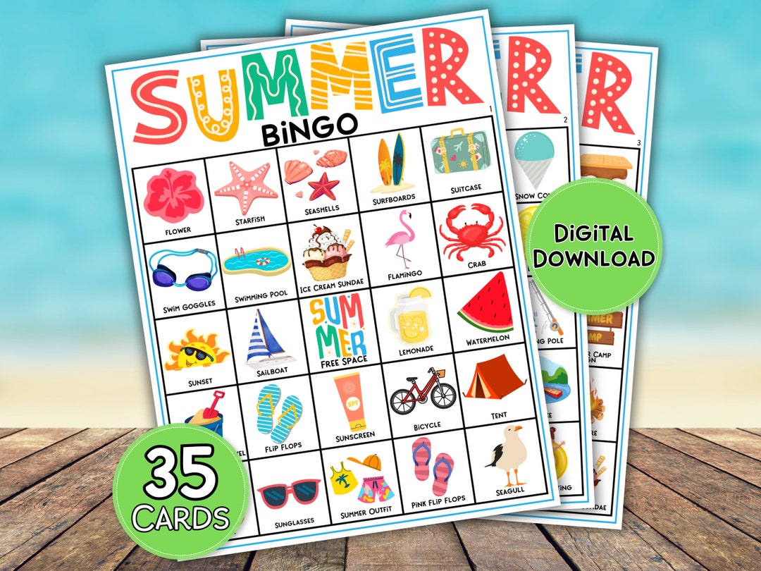 Colorful Summer Bingo Game - 35 Beachy Cards for Last Day of School Fun ...
