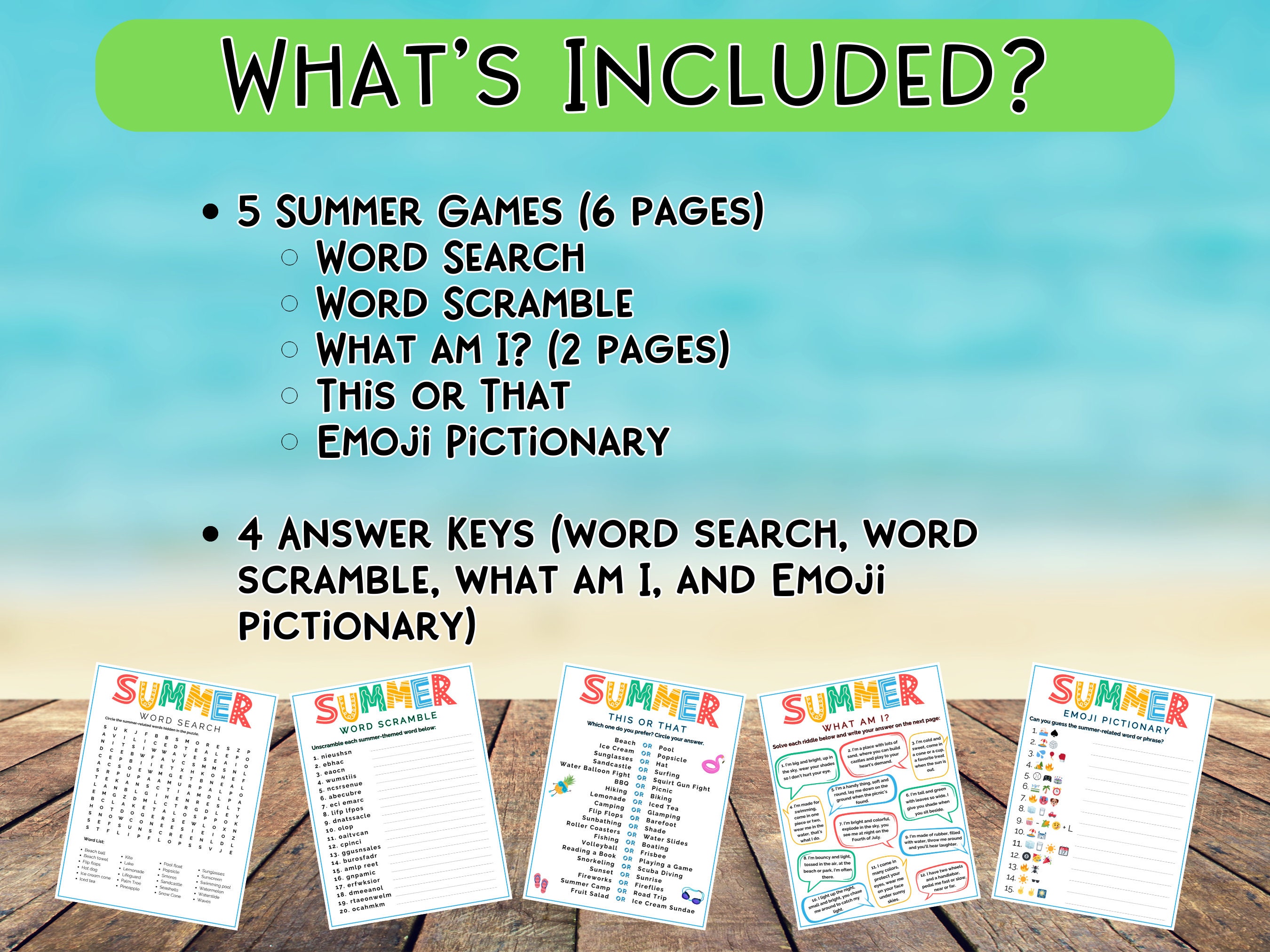 Summer Games Bundle: Printable Word Search, Pictionary, and More (PDF ...