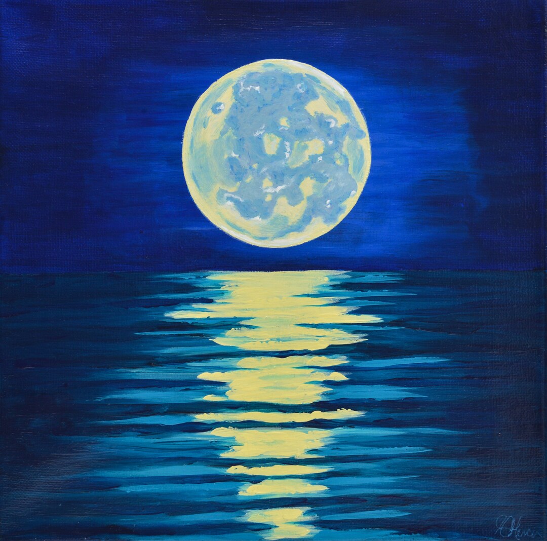 MOONLIGHT OCEAN PAINTING - Moonlight on Ocean Acrylic Painting 12" X 12 ...