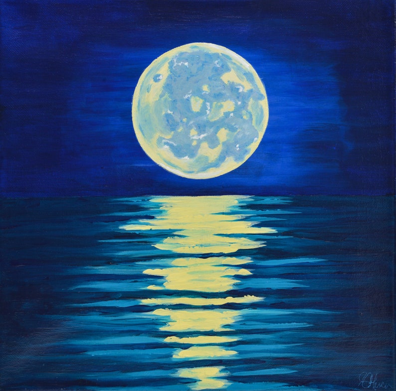 MOONLIGHT OCEAN PAINTING - Moonlight on Ocean Acrylic Painting 12" X 12 ...
