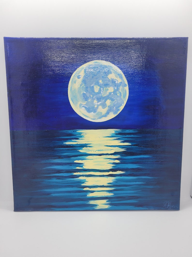 MOONLIGHT OCEAN PAINTING - Moonlight on Ocean Acrylic Painting 12" X 12 ...