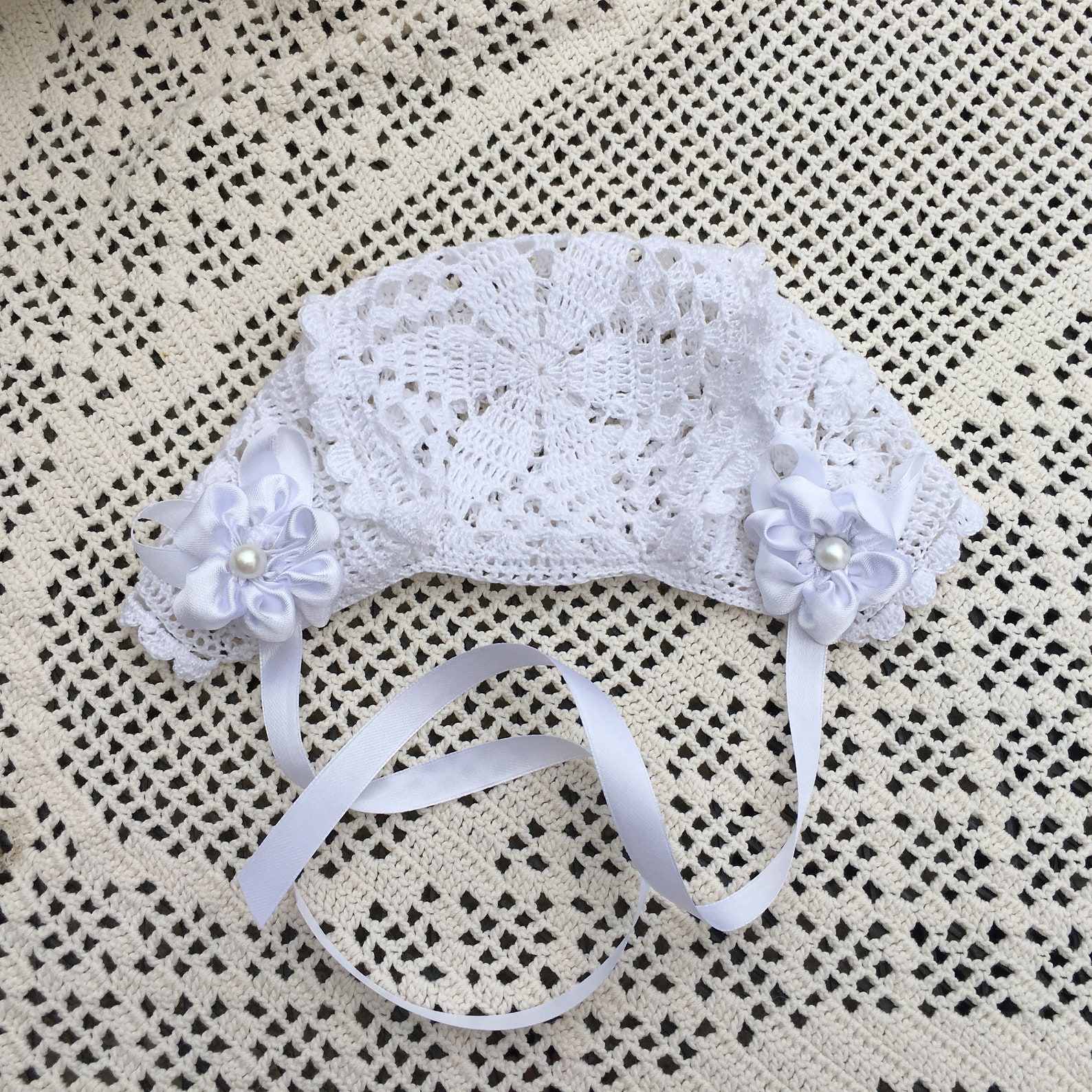 Field of Flowers Bonnet Thread Crochet Christening Pattern, Christening ...