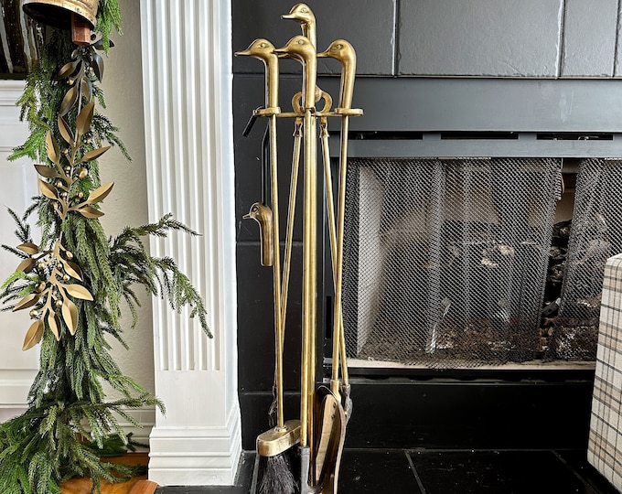 1970s Brass Duck Fireplace Tool Set With Stand, Custom Custom Decor Inc ...
