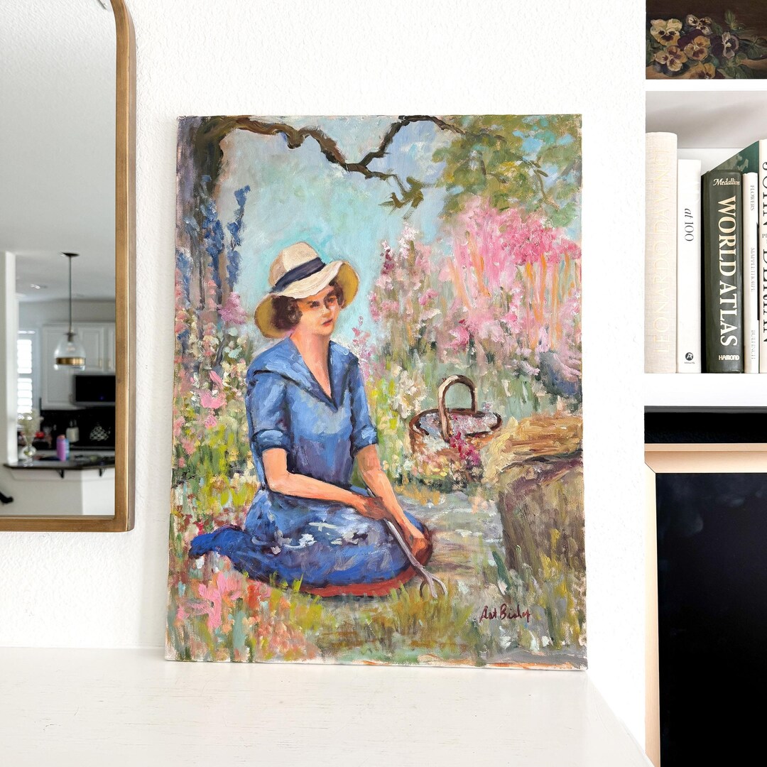 Original Oil Painting of Woman in Floral Garden, Colorful Spring ...