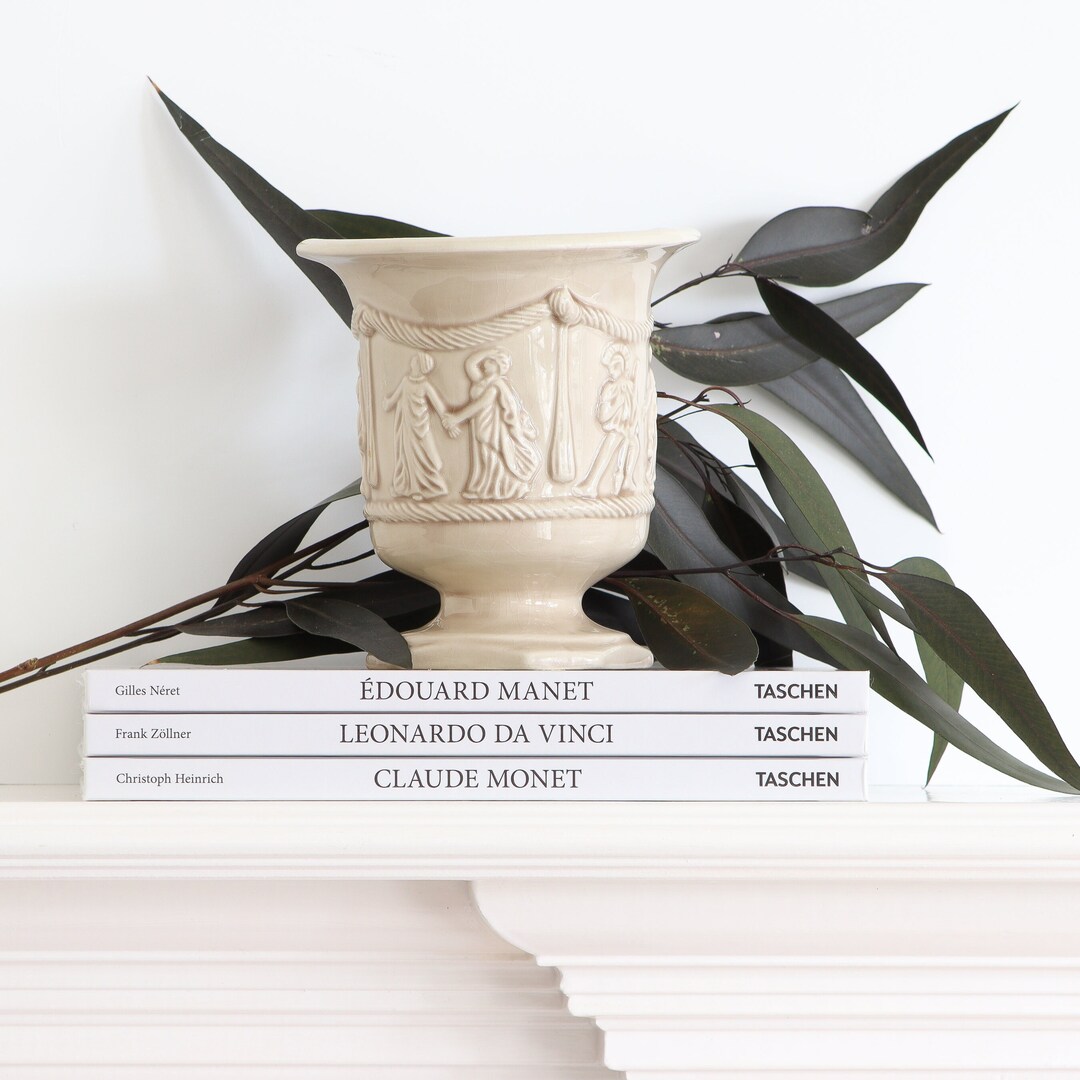 Greek Neoclassical Pedestal Planter, Beige / Taupe Glaze, Athens Design ...